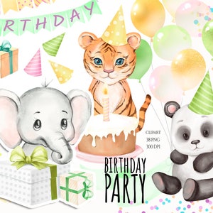 Party Animals Watercolor, Safari Animals Clipart, Elephant, Baby Shower ...