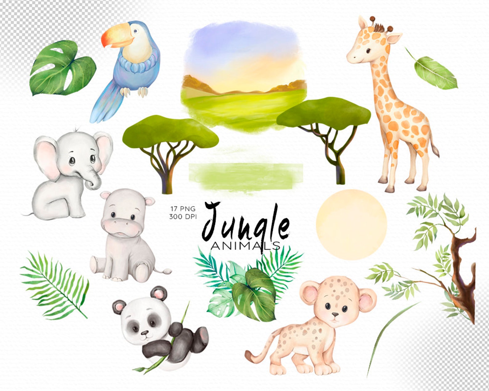 Watercolor Jungle Animals Clipart: Safari Nursery Art (PNG Digital ...