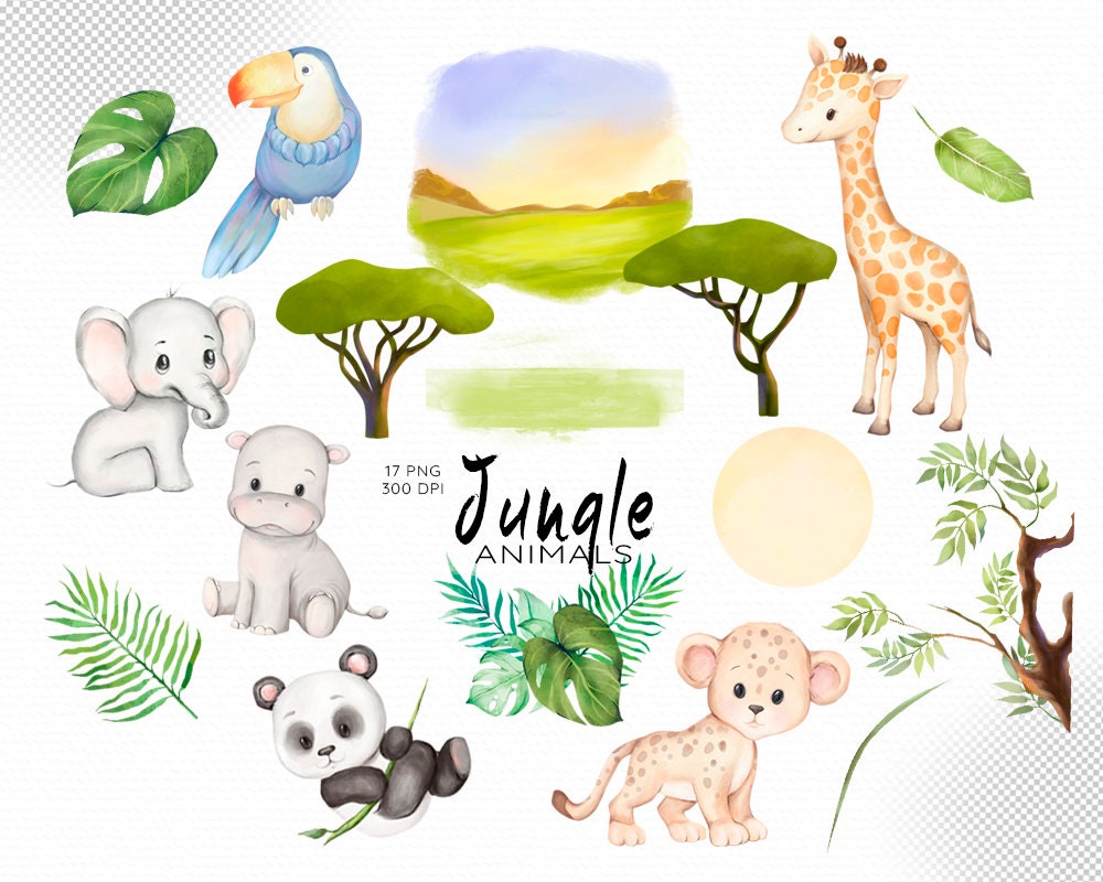 Watercolor Jungle Animals Clipart Safari Baby Hippo Cute | Etsy