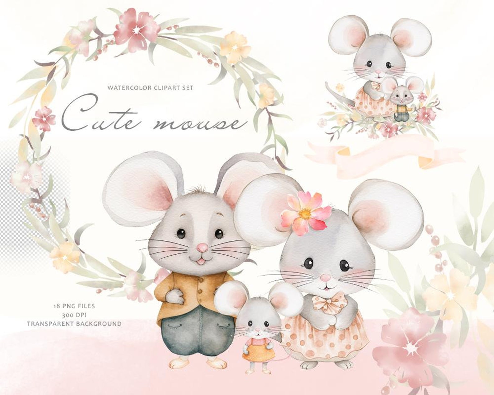Watercolor Mouse Clipart, Newborn Baby, Nursery Clipart, Cute Mother ...