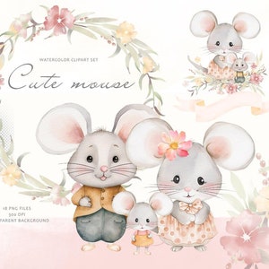 Watercolor Mouse Clipart, Newborn Baby, Nursery Clipart, Cute Mother ...