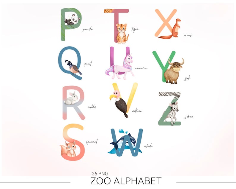 Watercolor Animals Alphabet Clipart, Animals Letters, Nursery Clip Art ...
