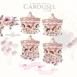 Watercolor Pink Carousel Clipart, Newborn Baby, Nursery Clipart ...
