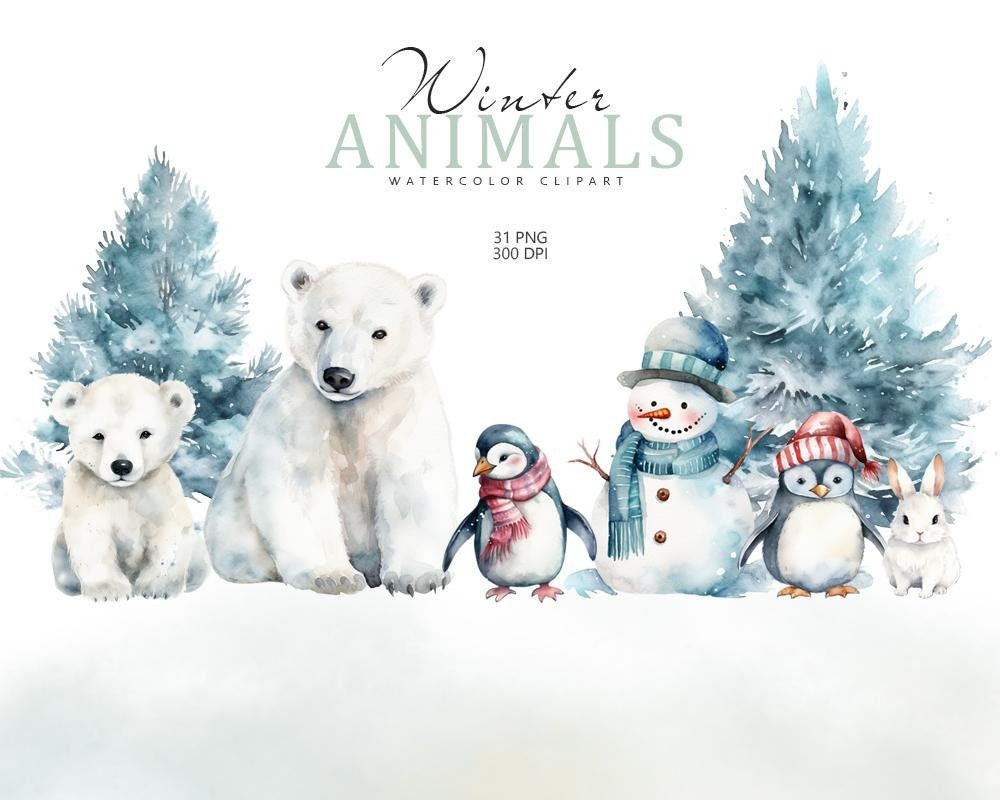 Watercolor Winter Animals Clipart: Arctic Christmas PNG (digital ...