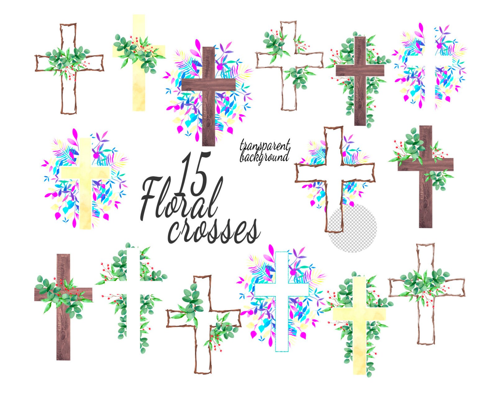 Watercolor Crosses Floral Cross Clipart Wood Cross Baptism - Etsy