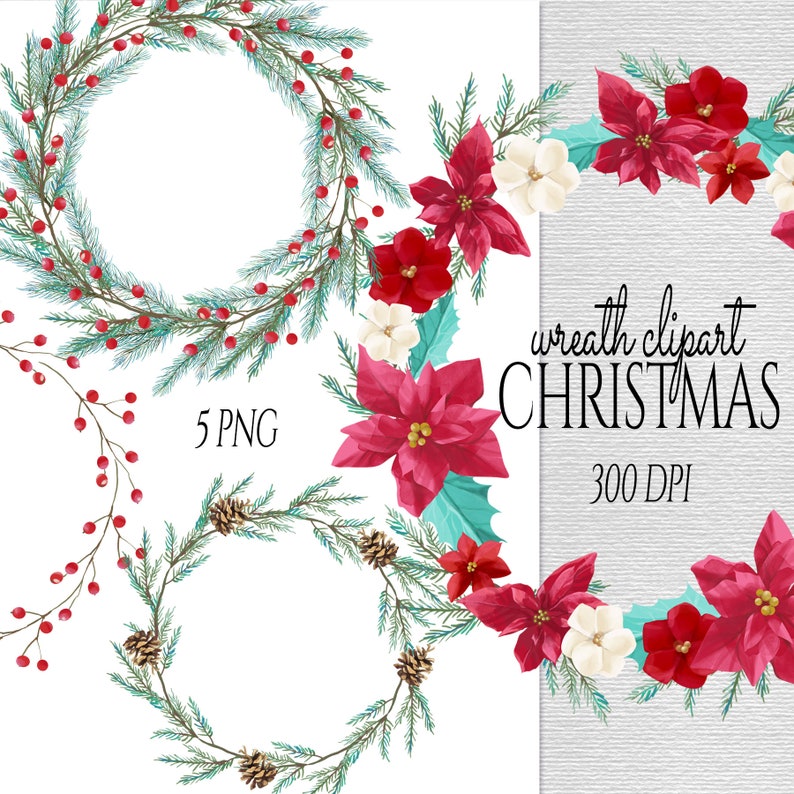 Christmas Wreath Clipart Watercolor Holly Clip Art Winter - Etsy
