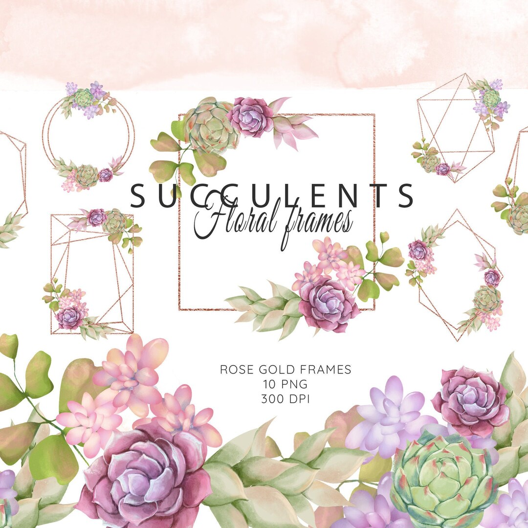 Watercolor Succulent Frames, Succulents Clipart, Cactus Frames, Gold ...