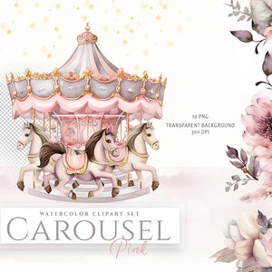 Watercolor Pink Carousel Clipart, Newborn Baby, Nursery Clipart ...