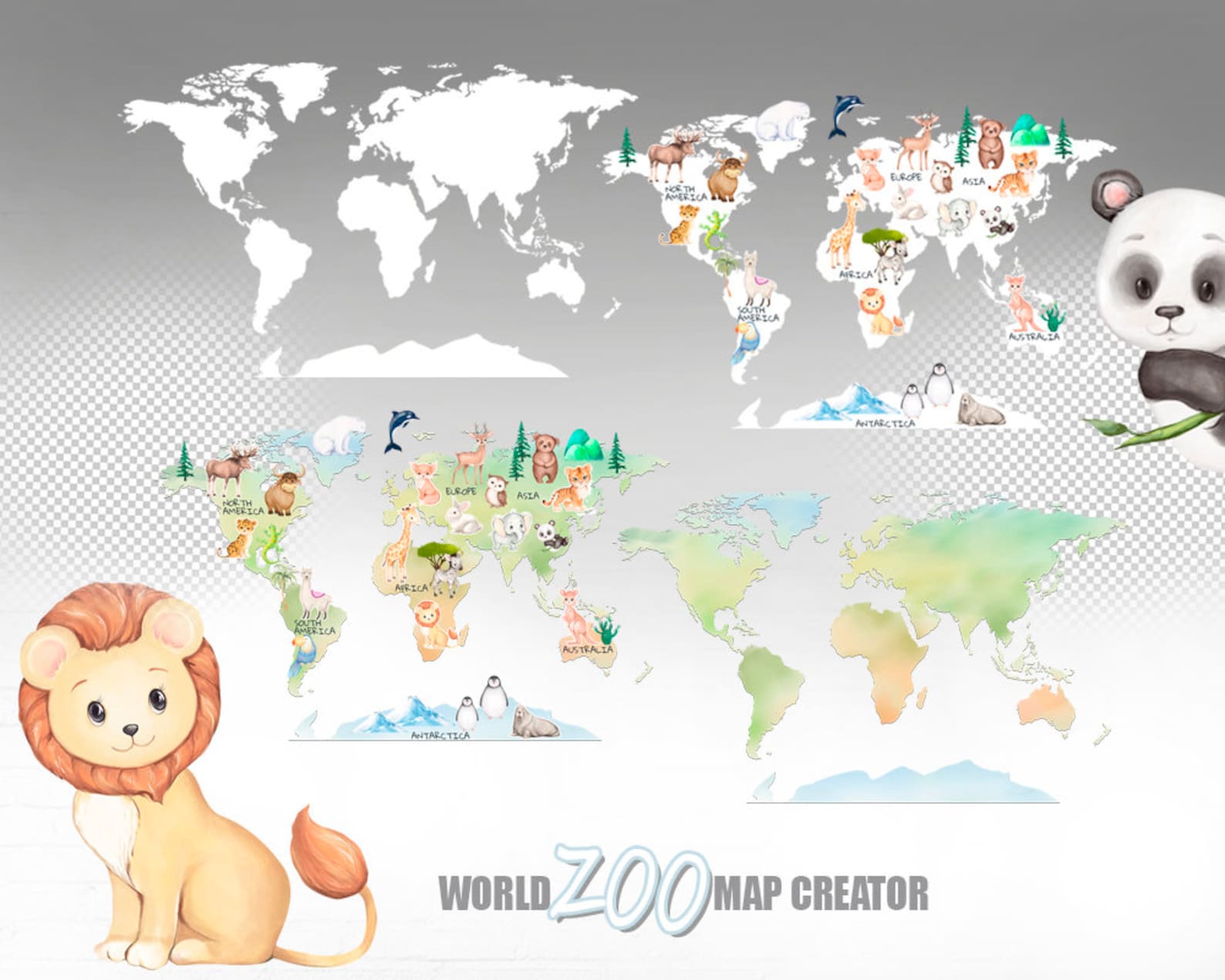 Animal World Map Creator Watercolor Map Clipart World Travel | Etsy