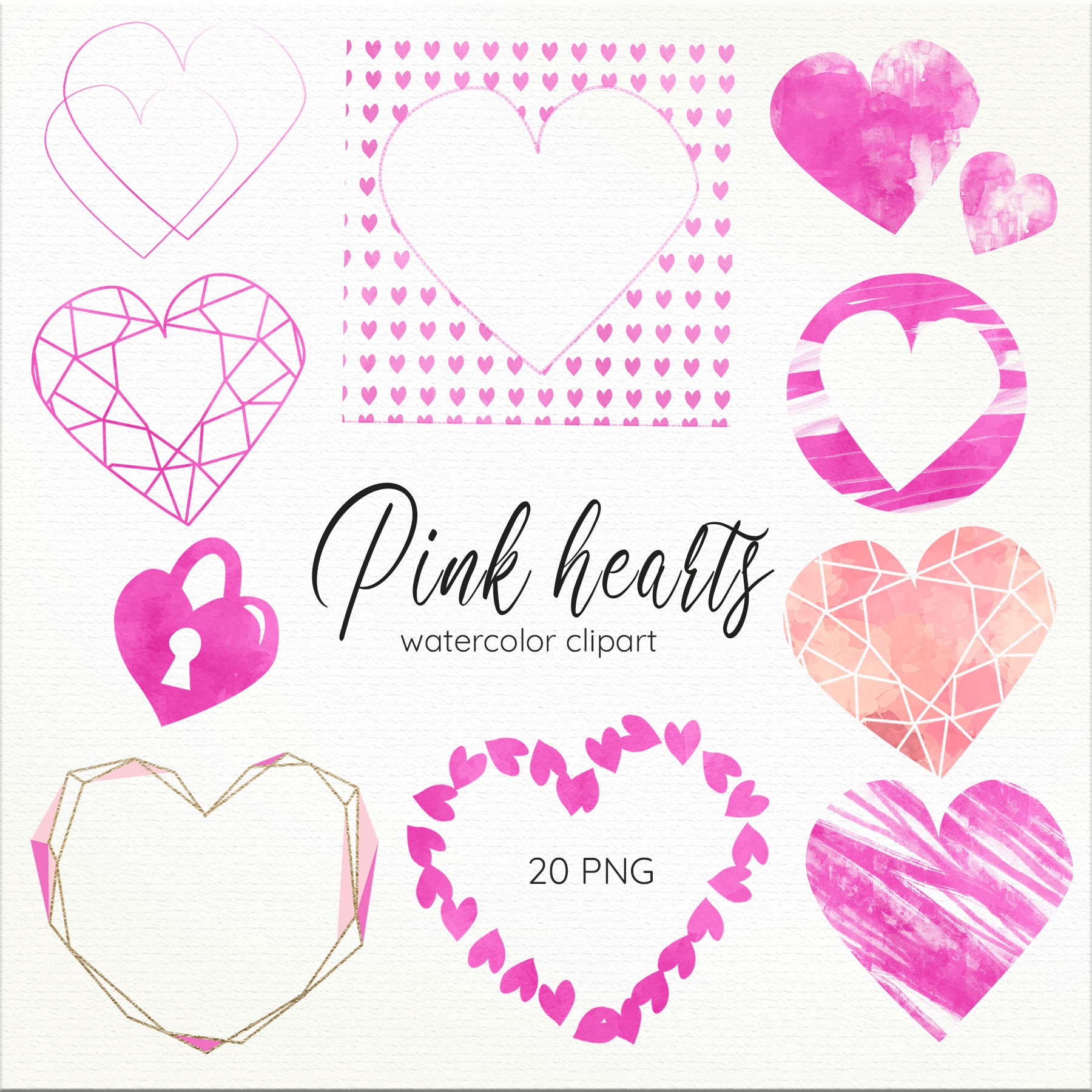 Valentines Day Clipart, Pink Heart Clip Art, Watercolor Hearts Clipart ...