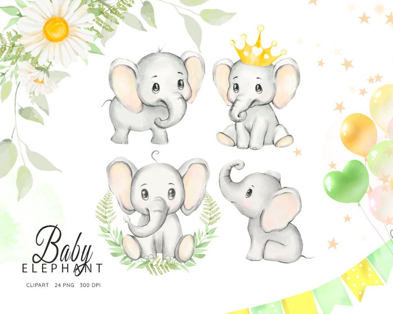 Cute Elephant Clipart, Watercolor Elephant, Nursery Clip Art, Baby ...