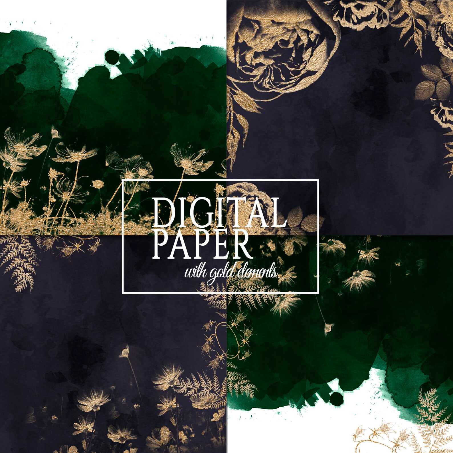 Black Floral Digital Paper Gold Foil Flowers Black | Etsy