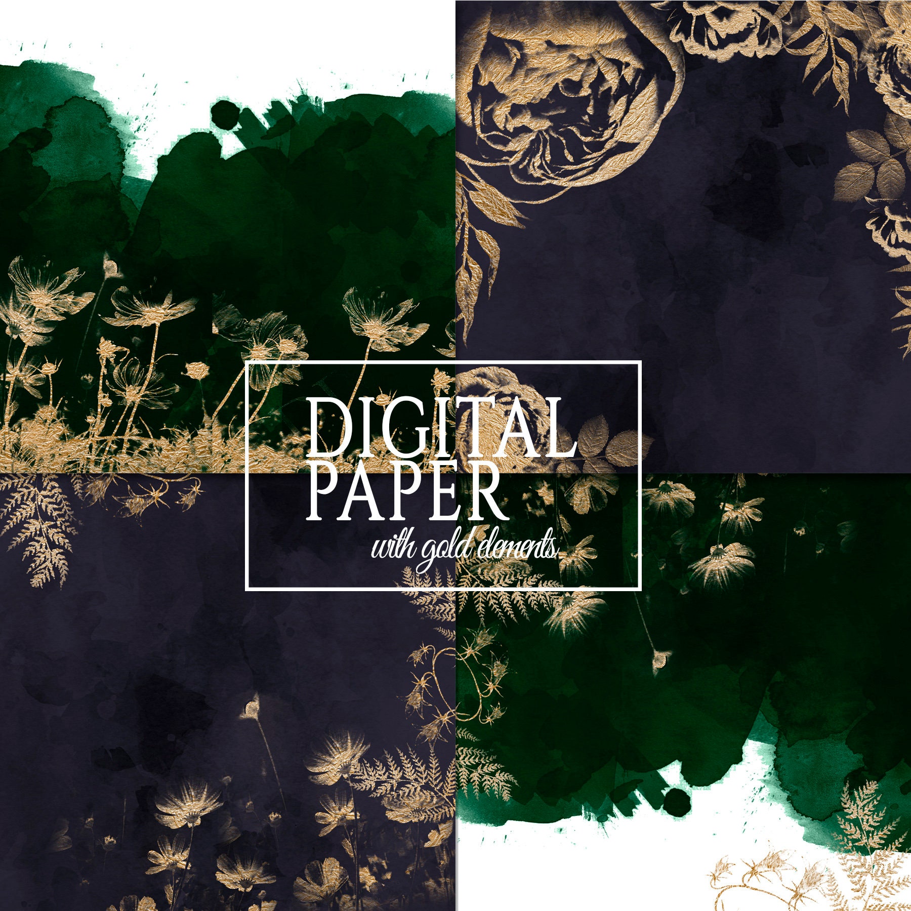 Black Floral Digital Paper Gold Foil Flowers Black | Etsy