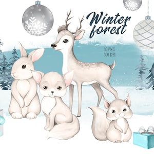 Woodland Winter Animals Clipart, Watercolor Christmas Animal, White ...