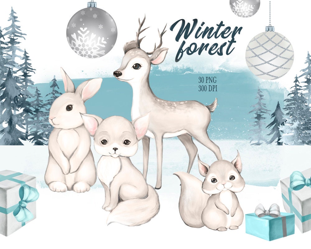 Woodland Winter Animals Clipart Watercolor Christmas Animal - Etsy