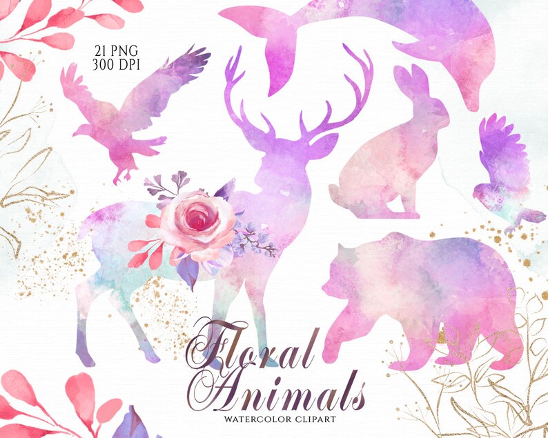 Watercolor Floral Animals, Silhouettes Clipart, Forest Animals, Flowers ...