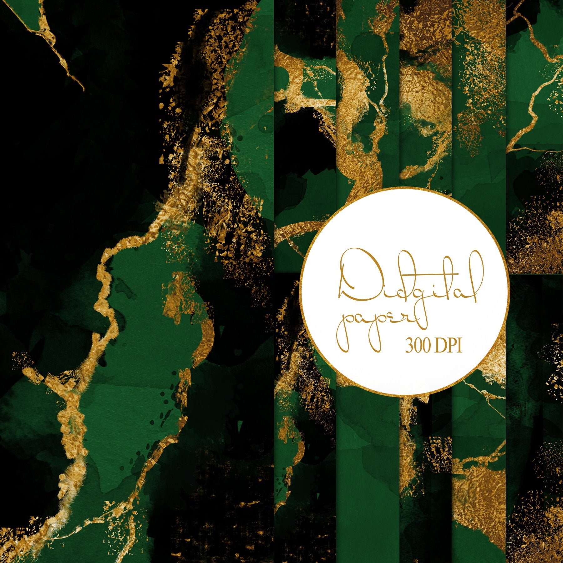 Emerald Green Watercolor Digital Paper, Gold Foil Papers, Gold Veins ...