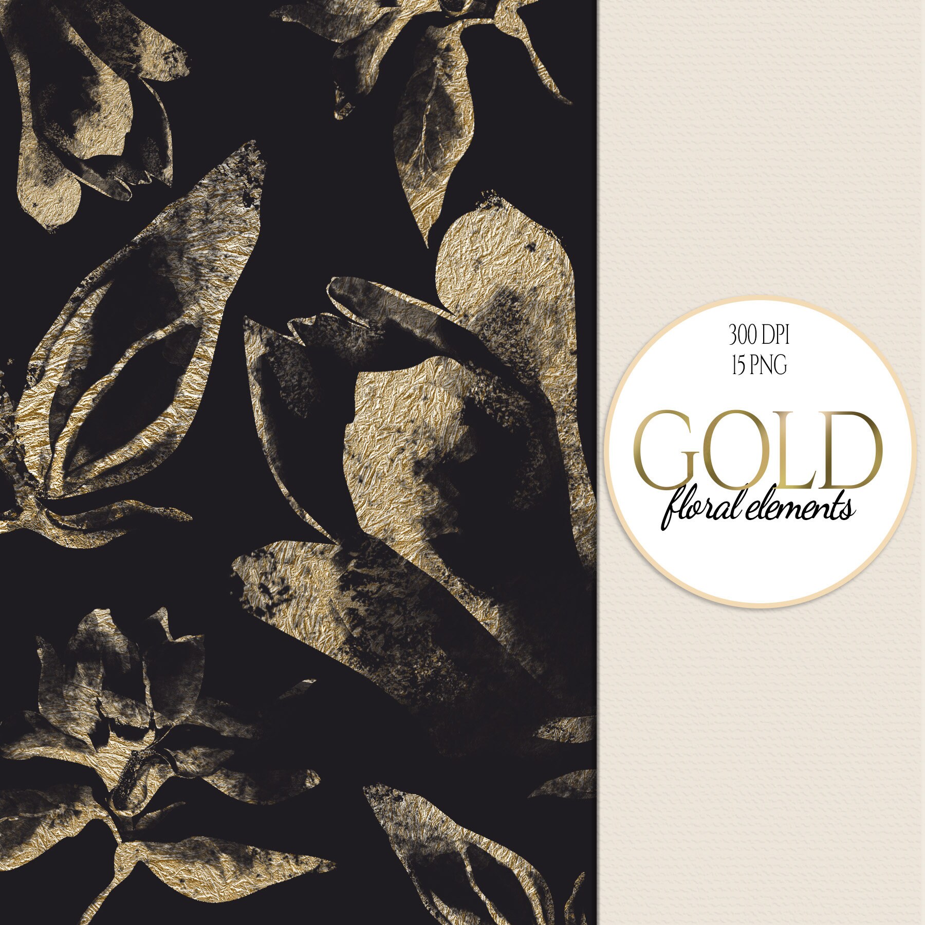 Gold Floral Elements Foil Leaves Clip Art Doodle Flower - Etsy