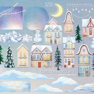 Christmas Village Clipart, Winter Town, Watercolor Houses, Christmas ...