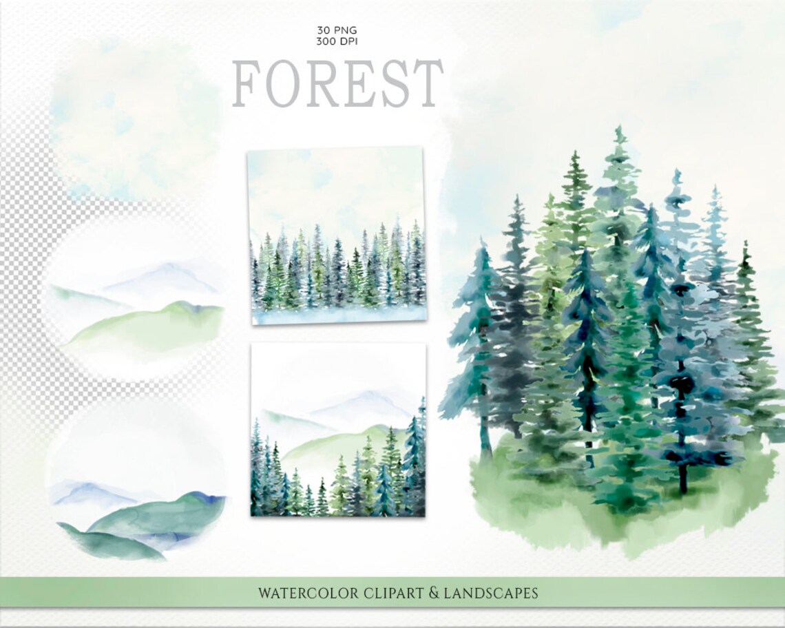 Watercolor Forest Clipart Trees Landscape Mountain Clipart - Etsy
