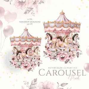 Watercolor Pink Carousel Clipart, Newborn Baby, Nursery Clipart ...