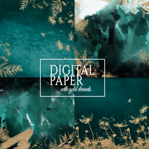Emerald Digital Paper Set, Gold Foil Flowers, Deep Green Watercolor ...