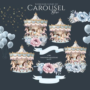 Watercolor Blue Carousel Clipart, Newborn Baby, Nursery Clipart ...