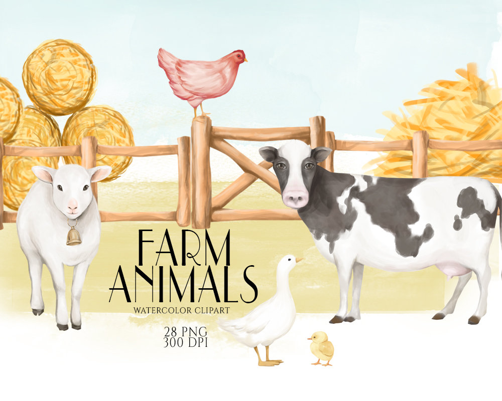 Watercolor Farm Animals Clip Art, Little Animal Clipart, Watercolor ...