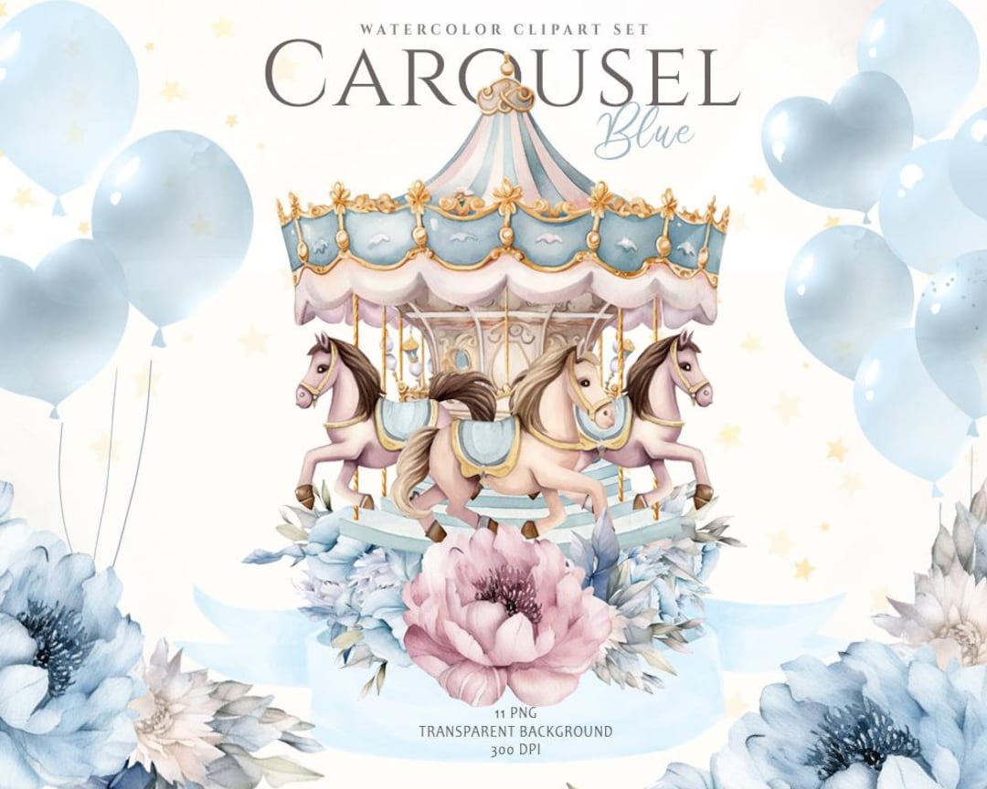 Watercolor Blue Carousel Clipart, Newborn Baby, Nursery Clipart ...