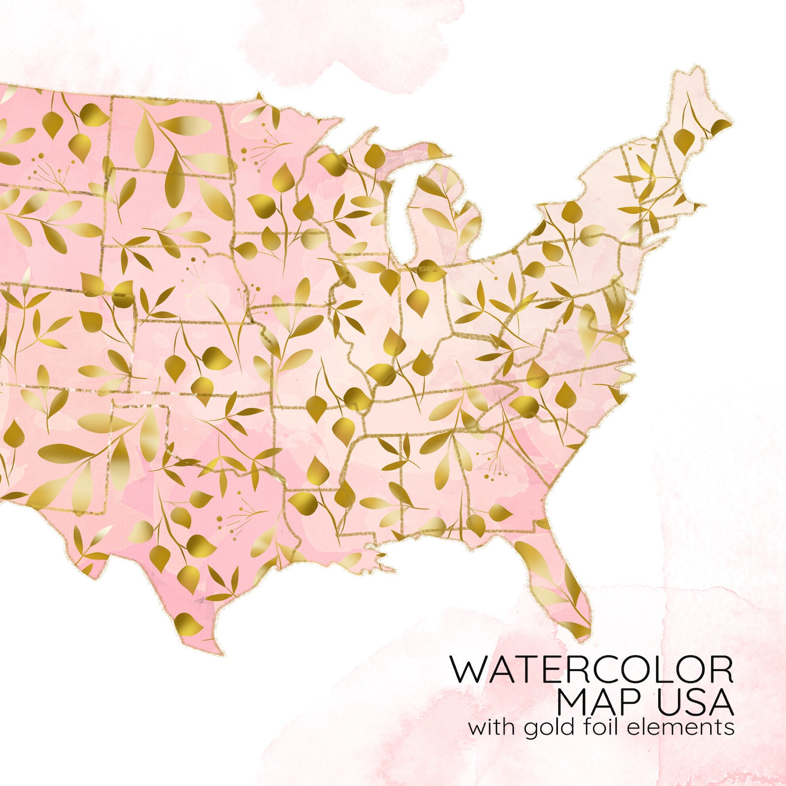 Watercolor USA Map Clipart, Watercolor United States Map, Gold Foil USA ...