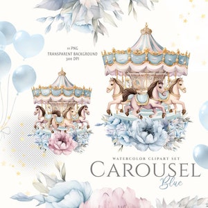 Watercolor Blue Carousel Clipart, Newborn Baby, Nursery Clipart ...