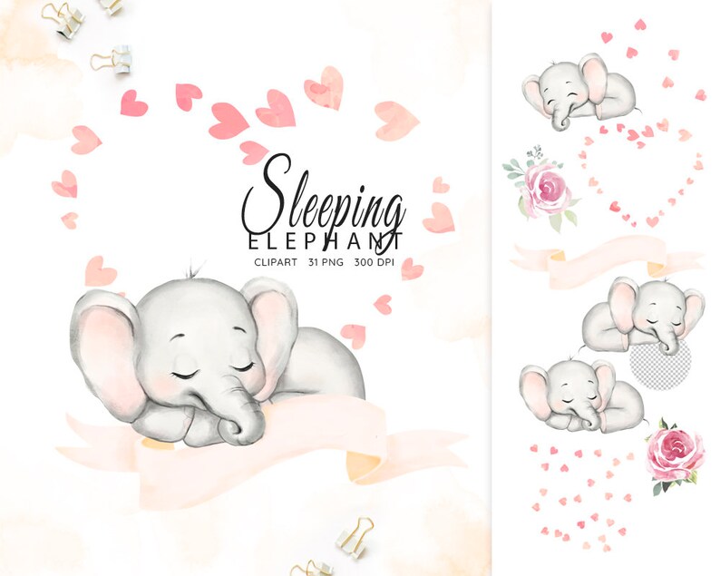 Sleeping Elephant Clipart Baby Animals Watercolor Elephant | Etsy