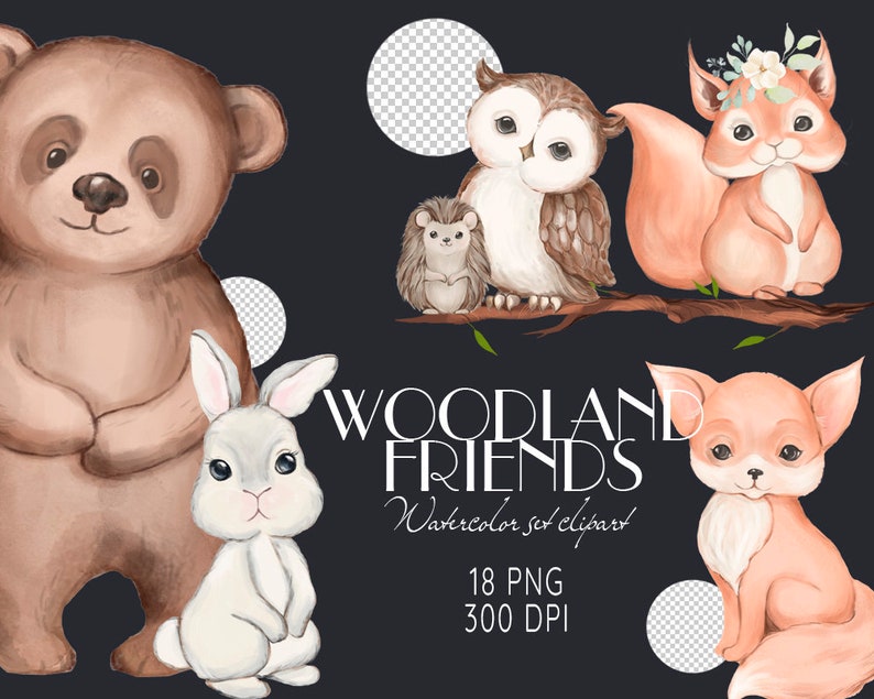 Woodland Animals Clip Art Watercolor Little Animals Forest | Etsy