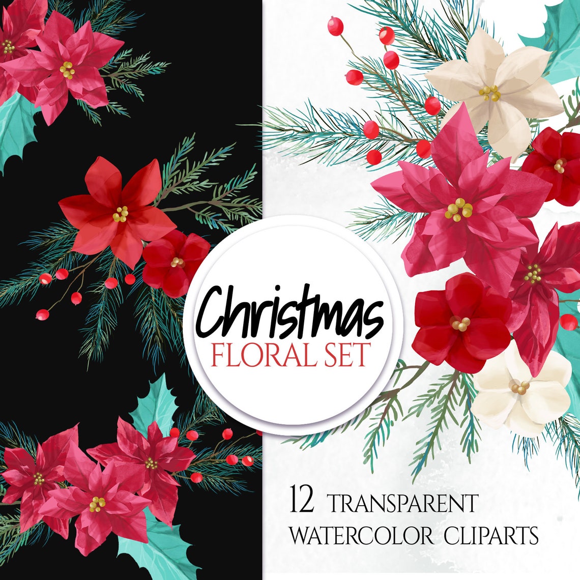 Poinsettia Clipart Watercolor Holiday Clipart Winter Flowers | Etsy