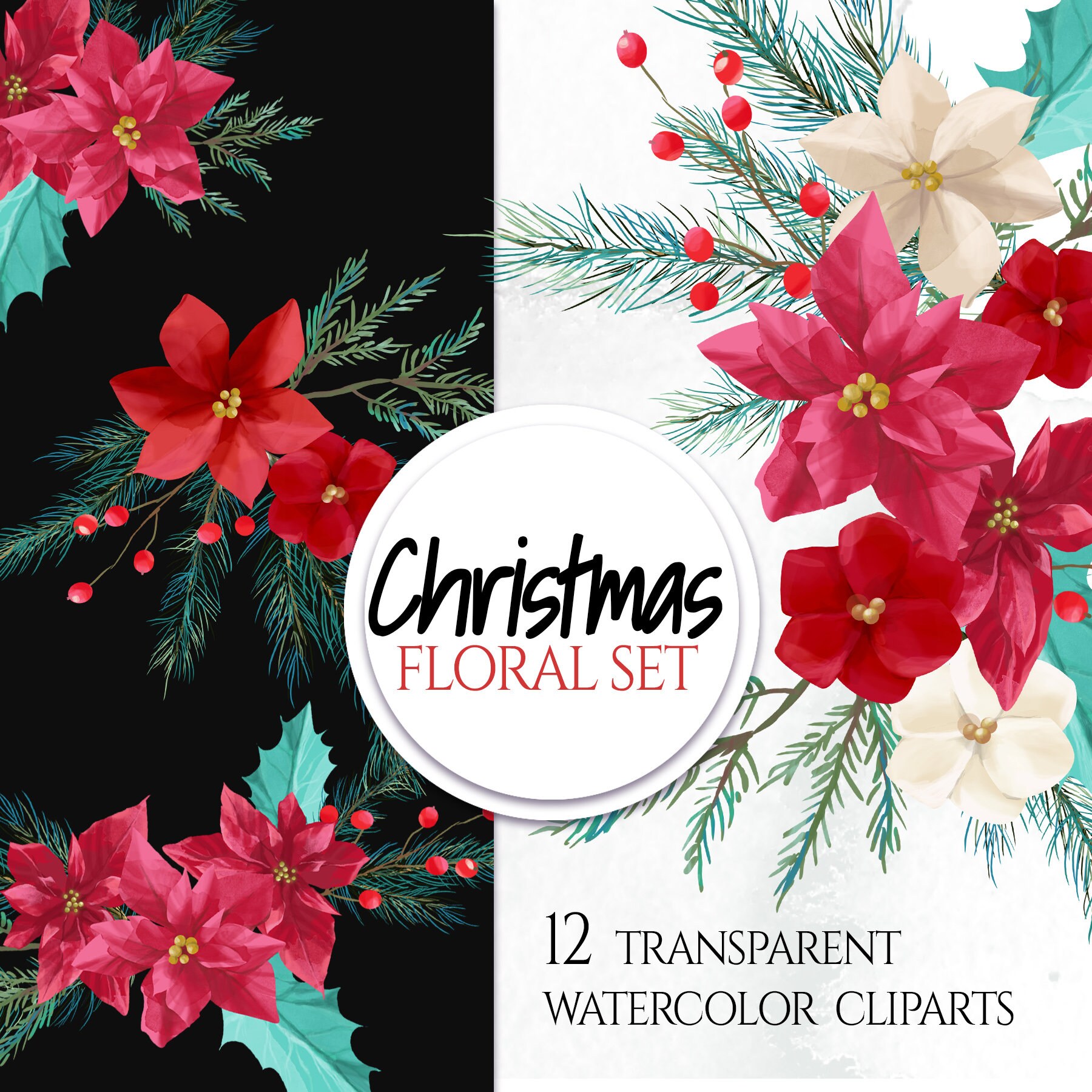 Poinsettia Clipart, Watercolor Holiday Clipart, Winter Flowers Clipart ...