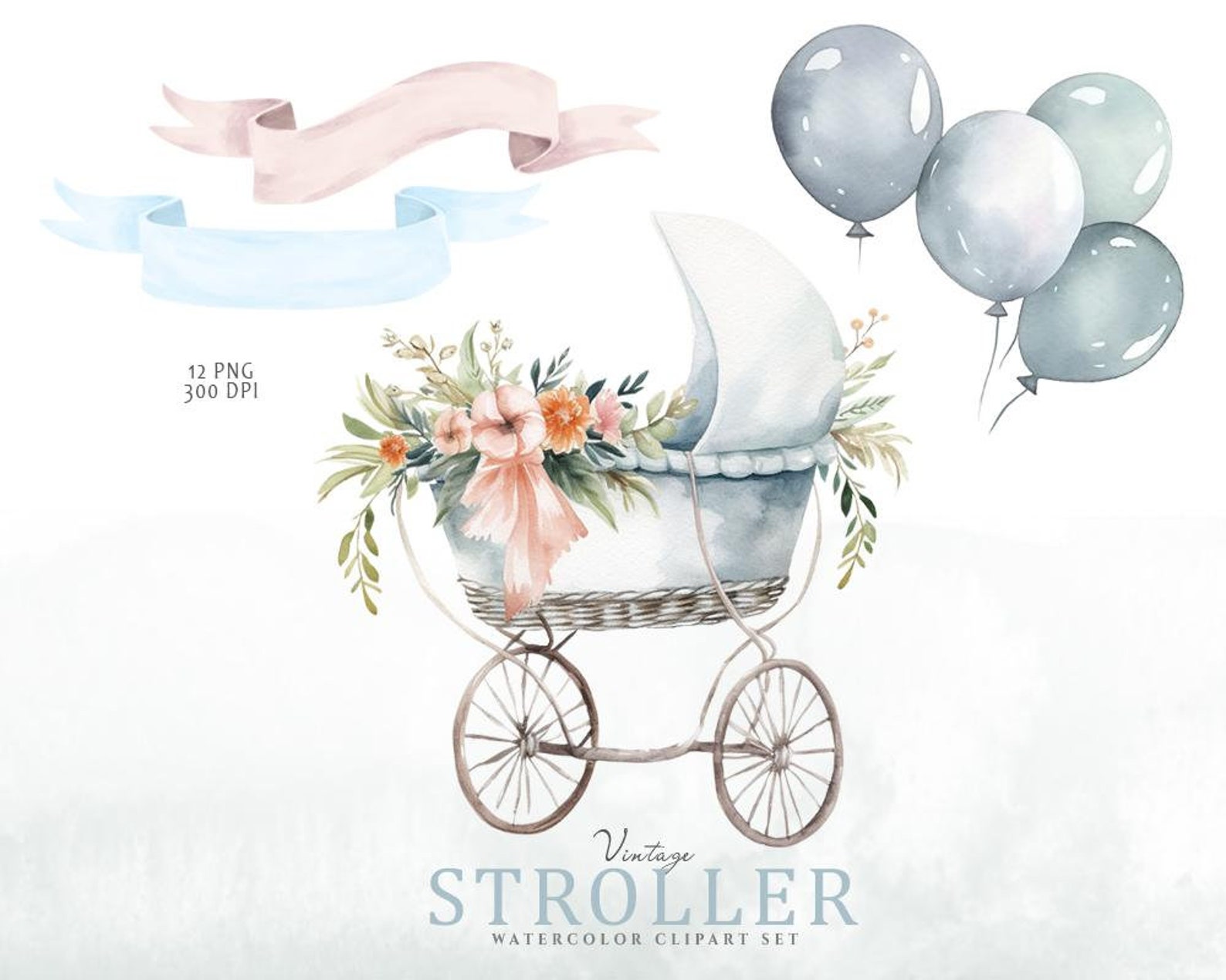 Baby Stroller Clipart, Newborn Baby, Nursery Clipart, Vintage Pram ...