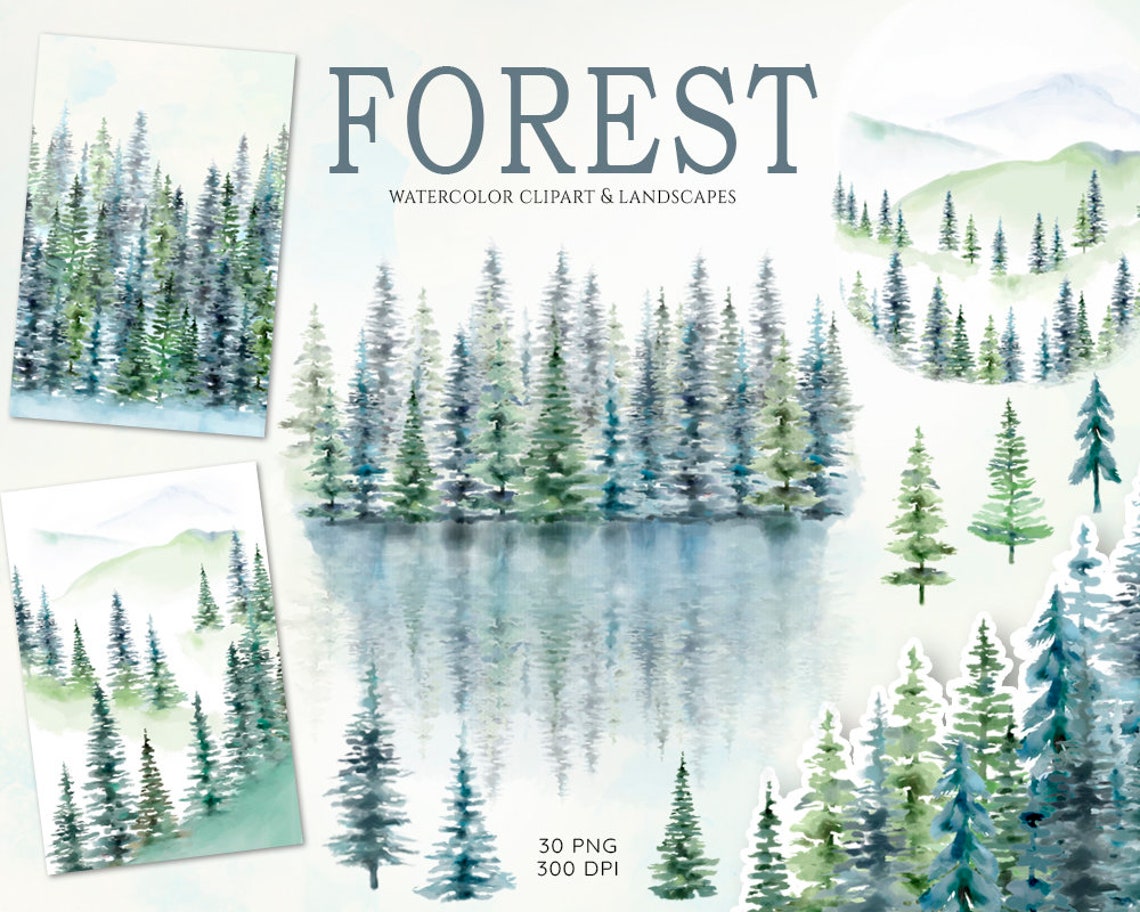 Watercolor Forest Clipart Trees Landscape Mountain Clipart - Etsy