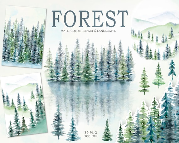 Watercolor Forest Clipart Trees Landscape Mountain Clipart - Etsy