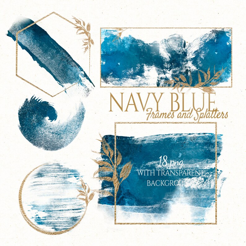 Navy Blue Watercolor Brush Strokes in Gold Foil Frames Clipart, Navy ...