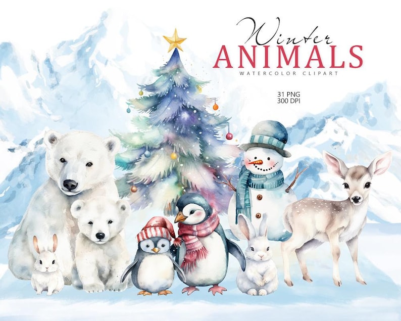 Watercolor Winter Animals Clipart: Arctic Christmas PNG (digital ...