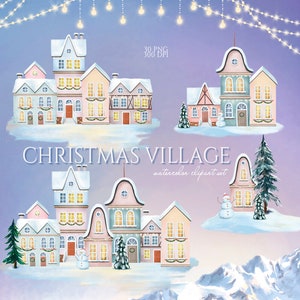 Christmas Village Clipart, Winter Town, Watercolor Houses, Christmas ...