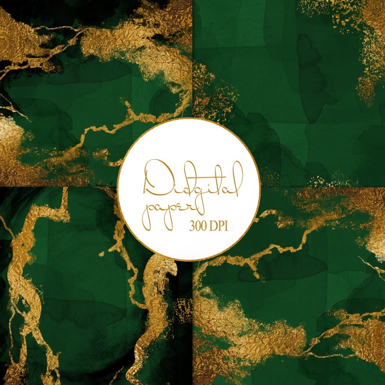 Emerald Green Watercolor Digital Paper, Gold Foil Papers, Gold Veins ...