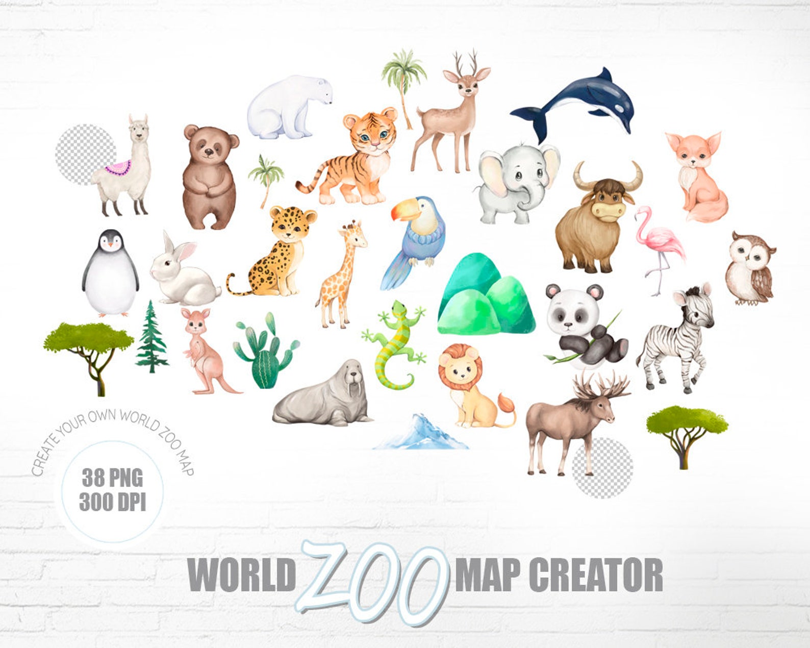 Animal World Map Creator Watercolor Map Clipart World Travel | Etsy