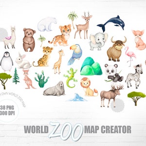 Animal World Map Creator, Watercolor Map Clipart, World Travel Map ...