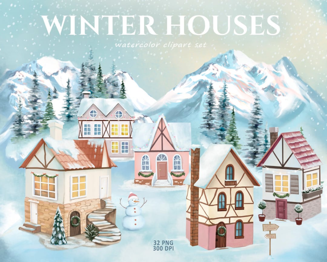 Winter Village Clipart, Christmas Landscape, Winter Clipart, Mountain ...