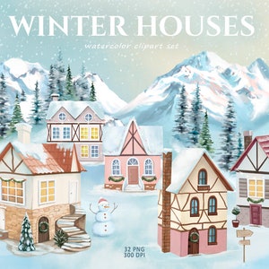 Winter Village Clipart, Christmas Landscape, Winter Clipart, Mountain ...