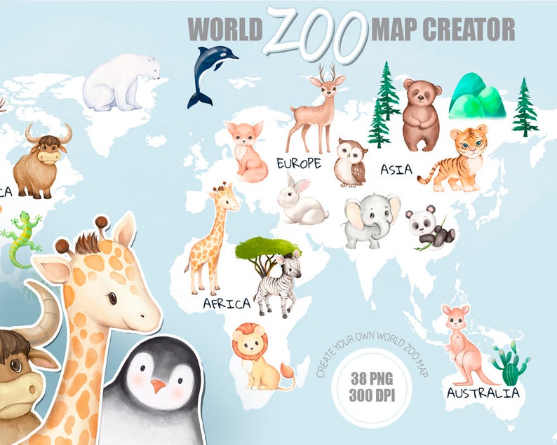 Animal World Map Creator Watercolor Map Clipart World Travel | Etsy