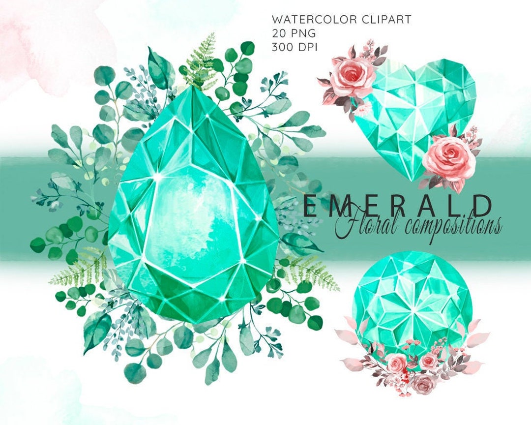 Emerald Clipart, Watercolor Diamonds, Floral Sapphire Clip Art, Jewels ...