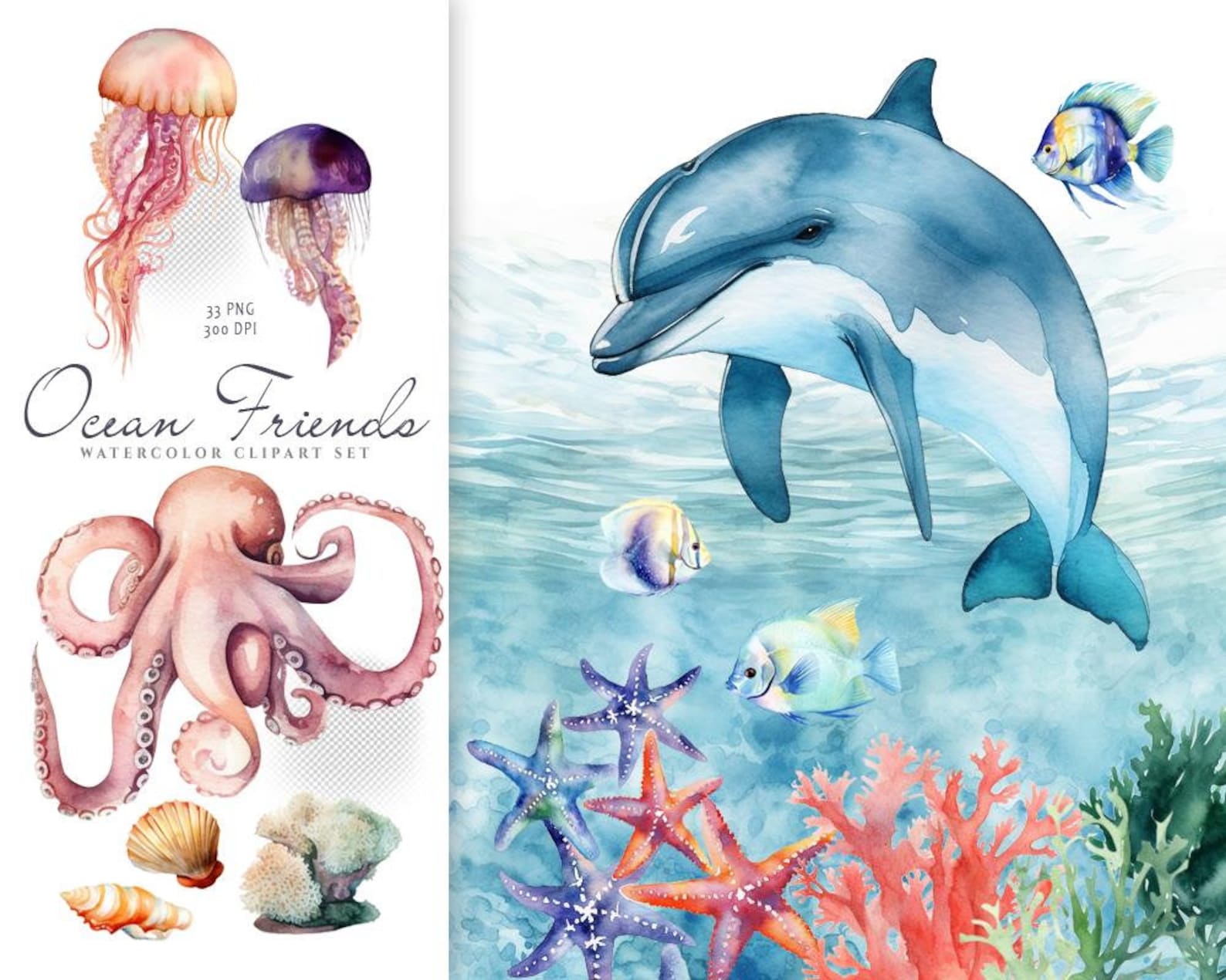 Sea Animals Clipart, Cute Ocean Animals Clipart, Nautical, Watercolor ...