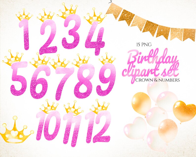 Crown Numbers Clipart Pink Princess Number Glitter Digital | Etsy